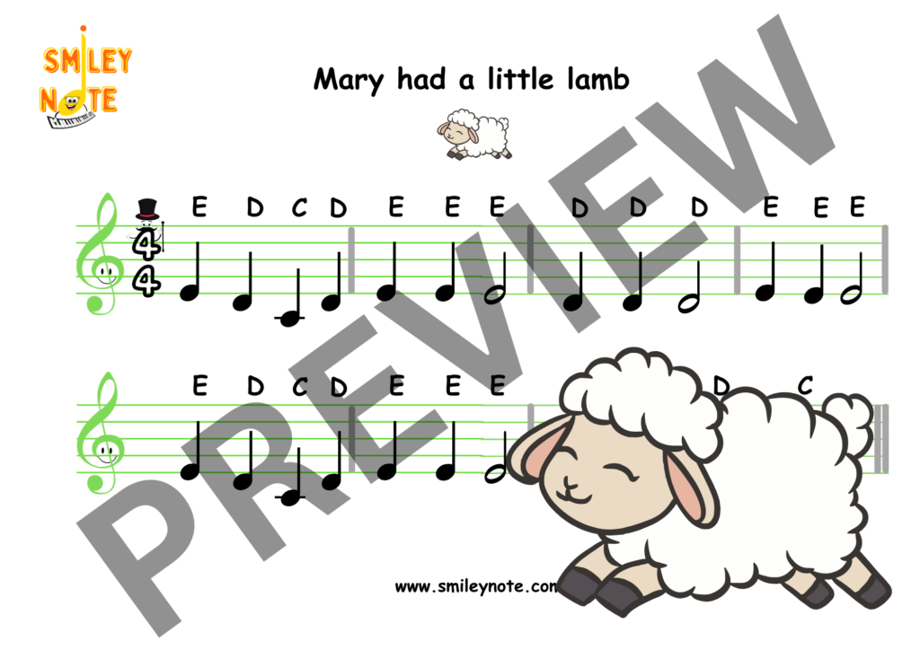 Mary Had a Little Lamb Music Sheet – Notes in Treble Clef for Kids ...